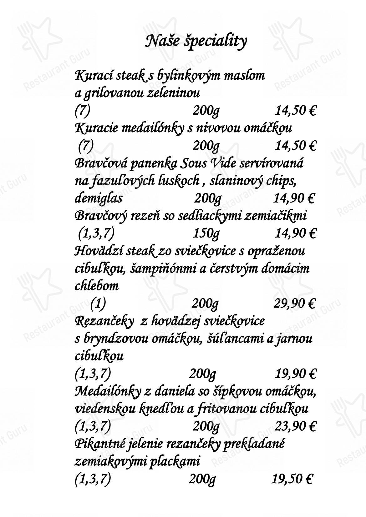 Menu at Koliba u Šidla restaurant, Kalná nad Hronom