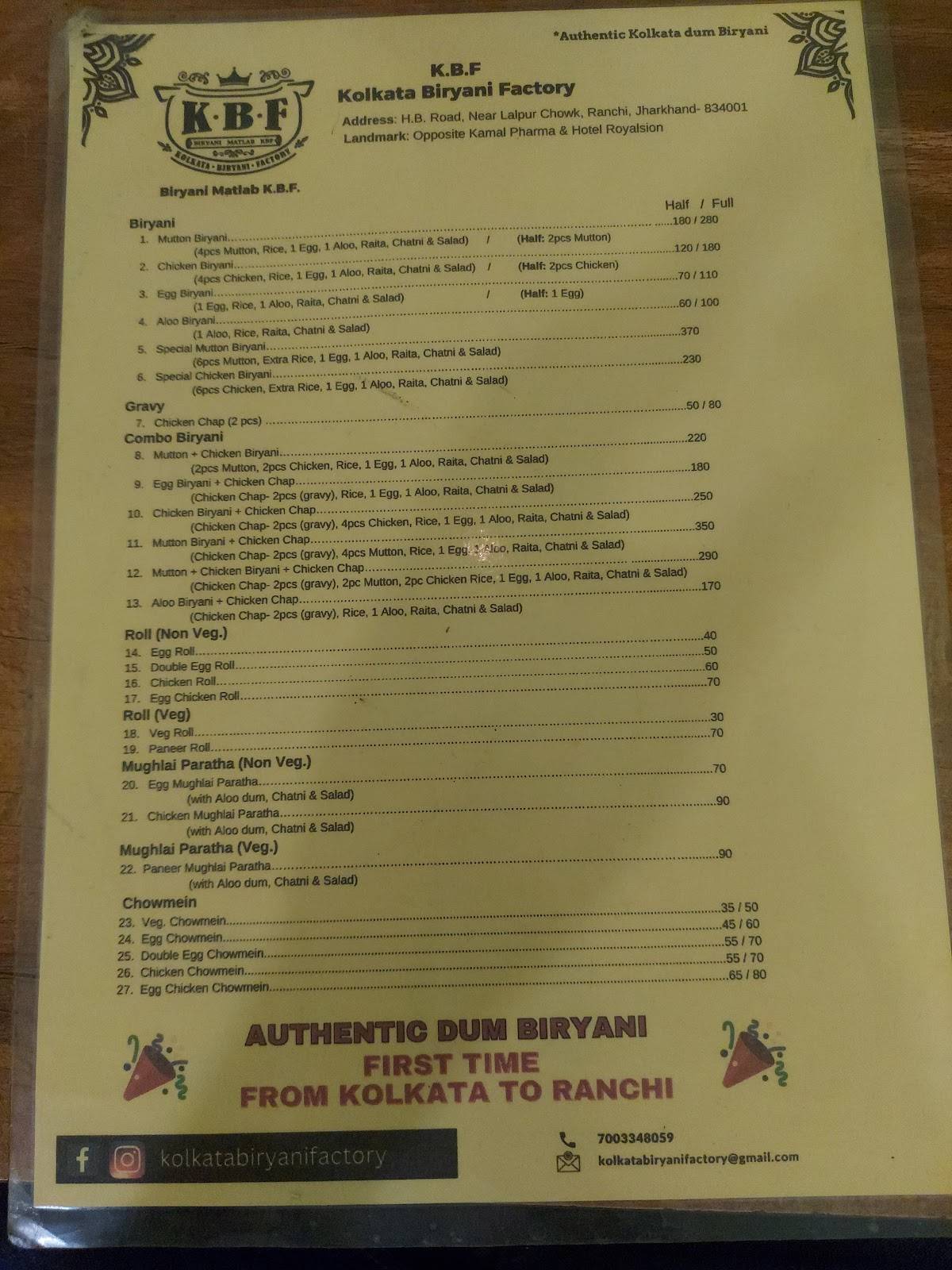 Menu at Kolkata Biryani Factory - K.B.F, Ranchi