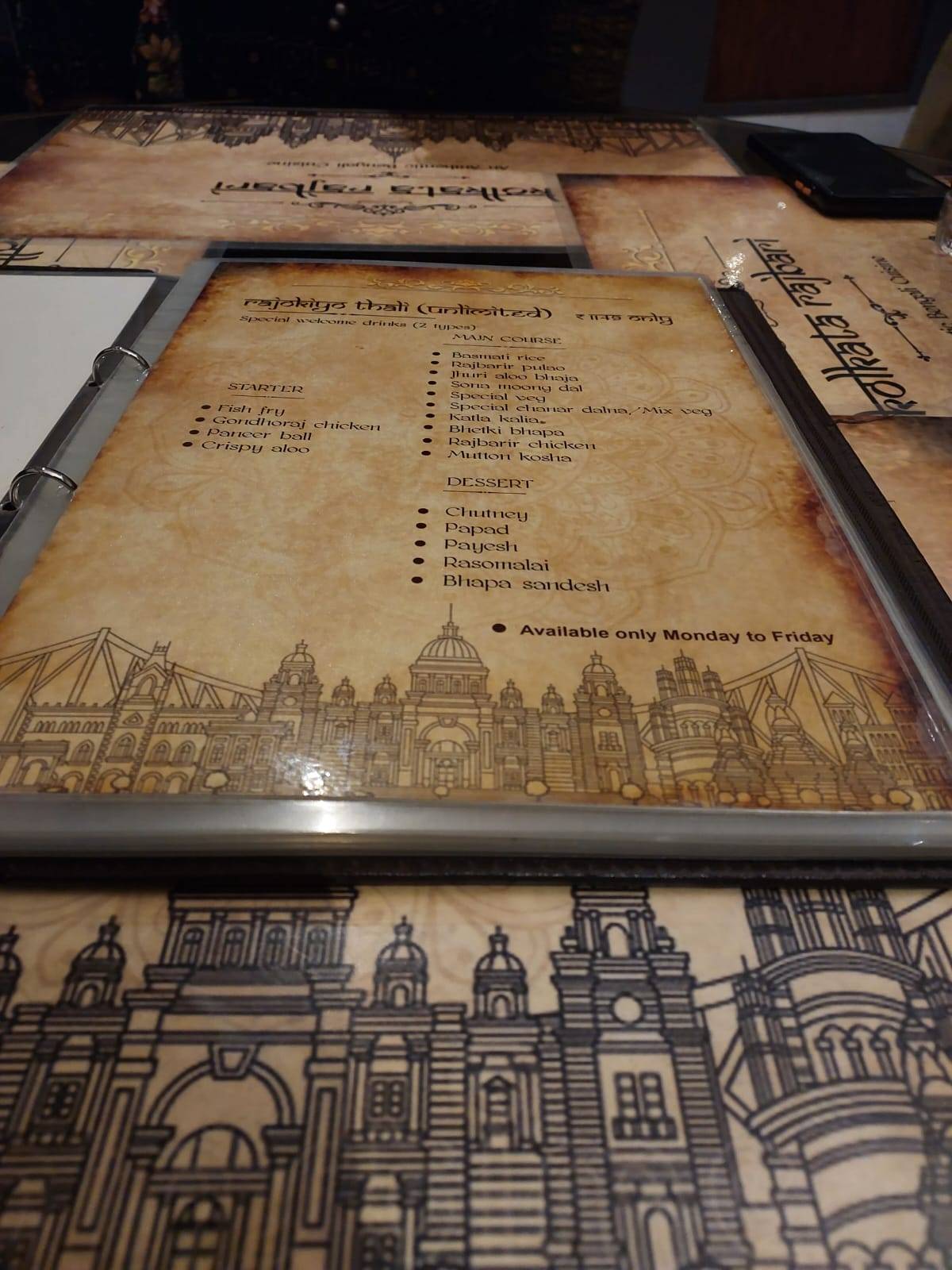 Menu at Kolkata Rajbari, Kolkata