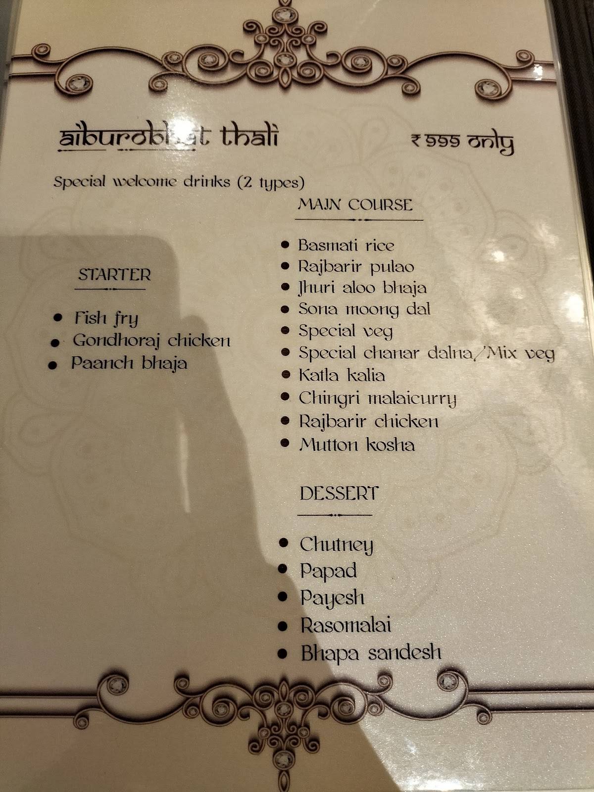 Menu at Kolkata Rajbari, Kolkata