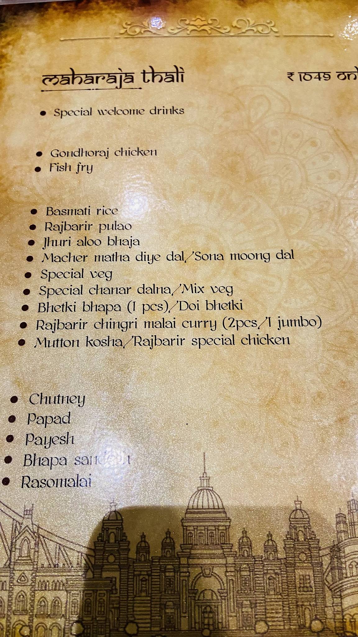 Menu at Kolkata Rajbari, Kolkata