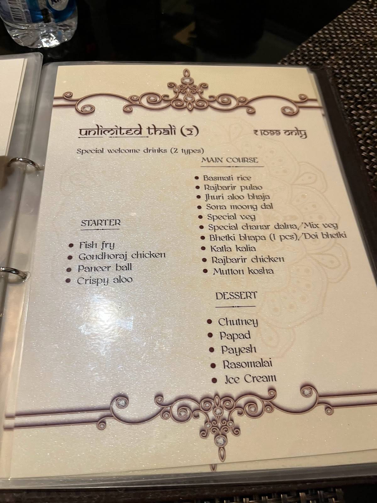 Menu at Kolkata Rajbari, Kolkata