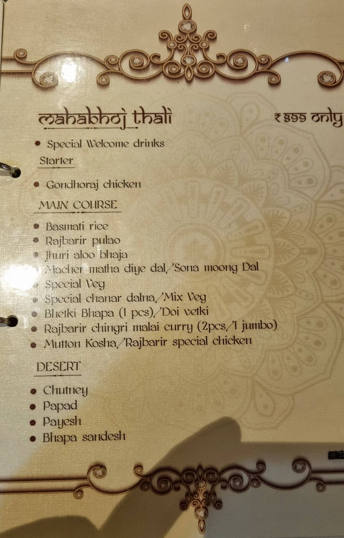 Menu at Kolkata Rajbari, Kolkata