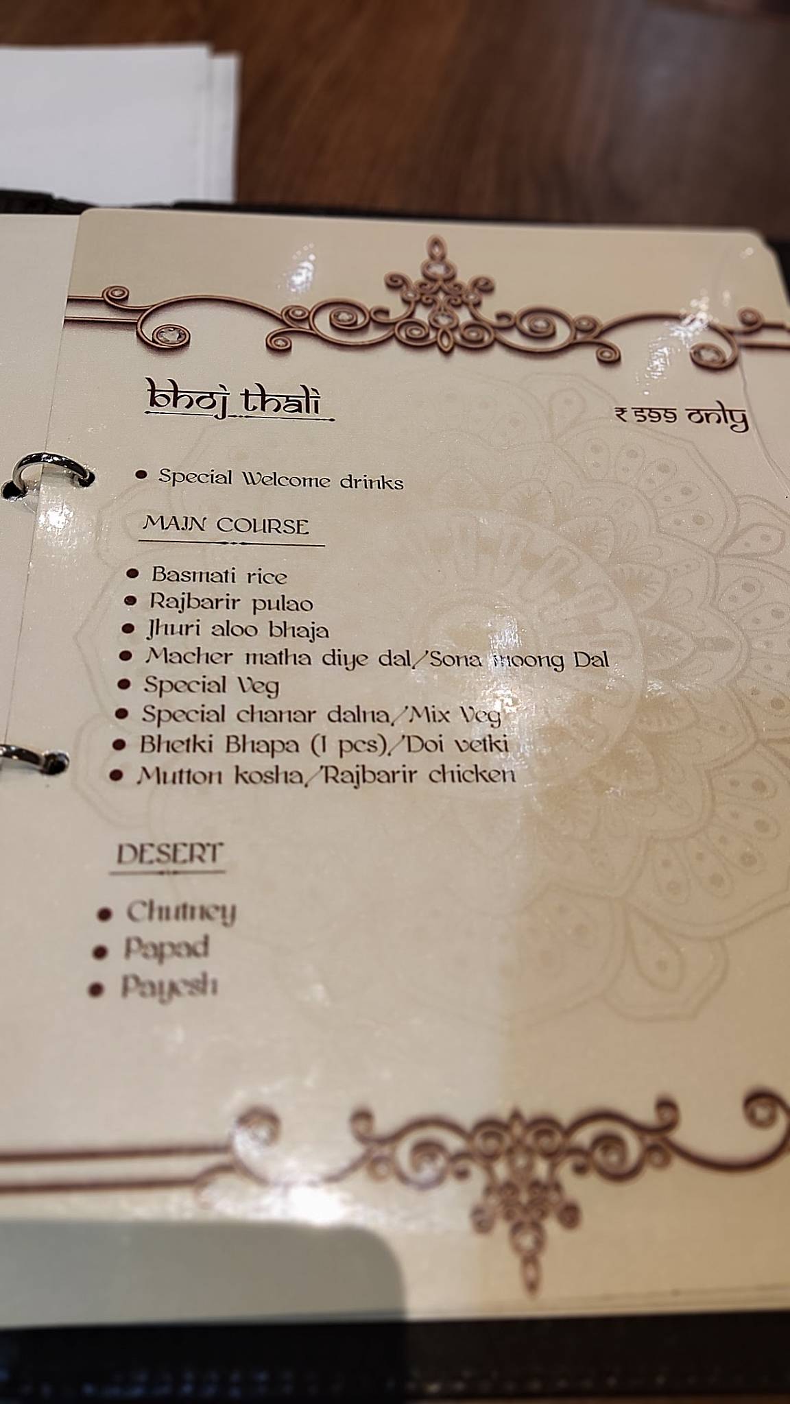 Menu at Kolkata Rajbari, Kolkata