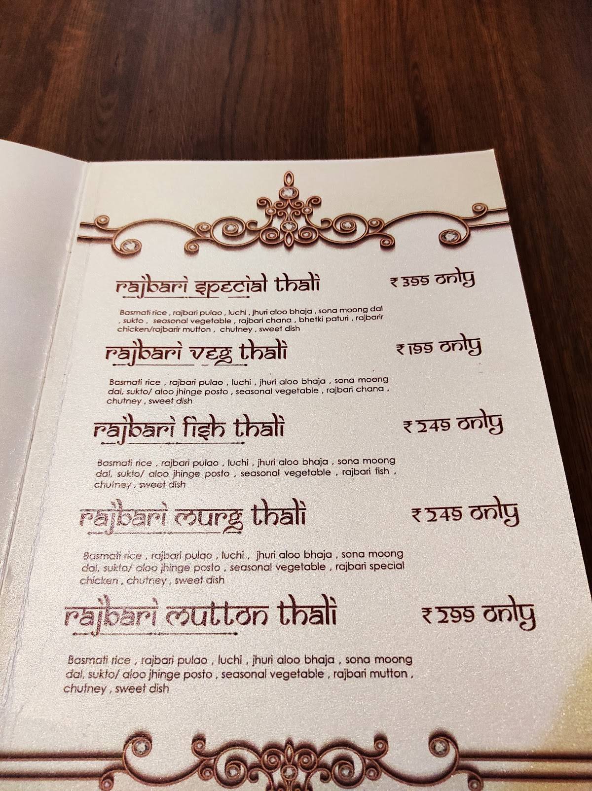 Menu at Kolkata Rajbari, Kolkata