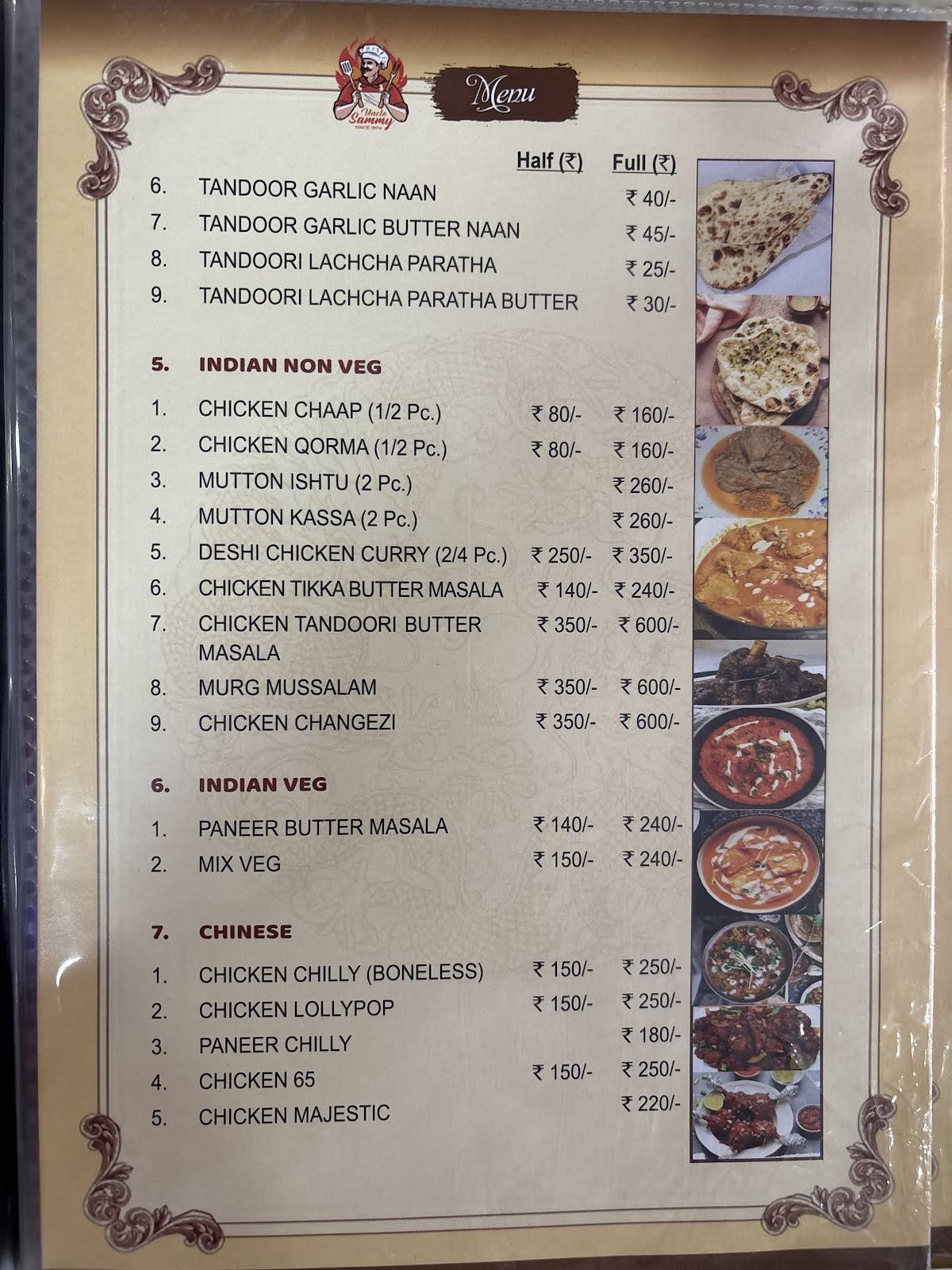 Menu at Kolkata shahi darbar, Ranchi