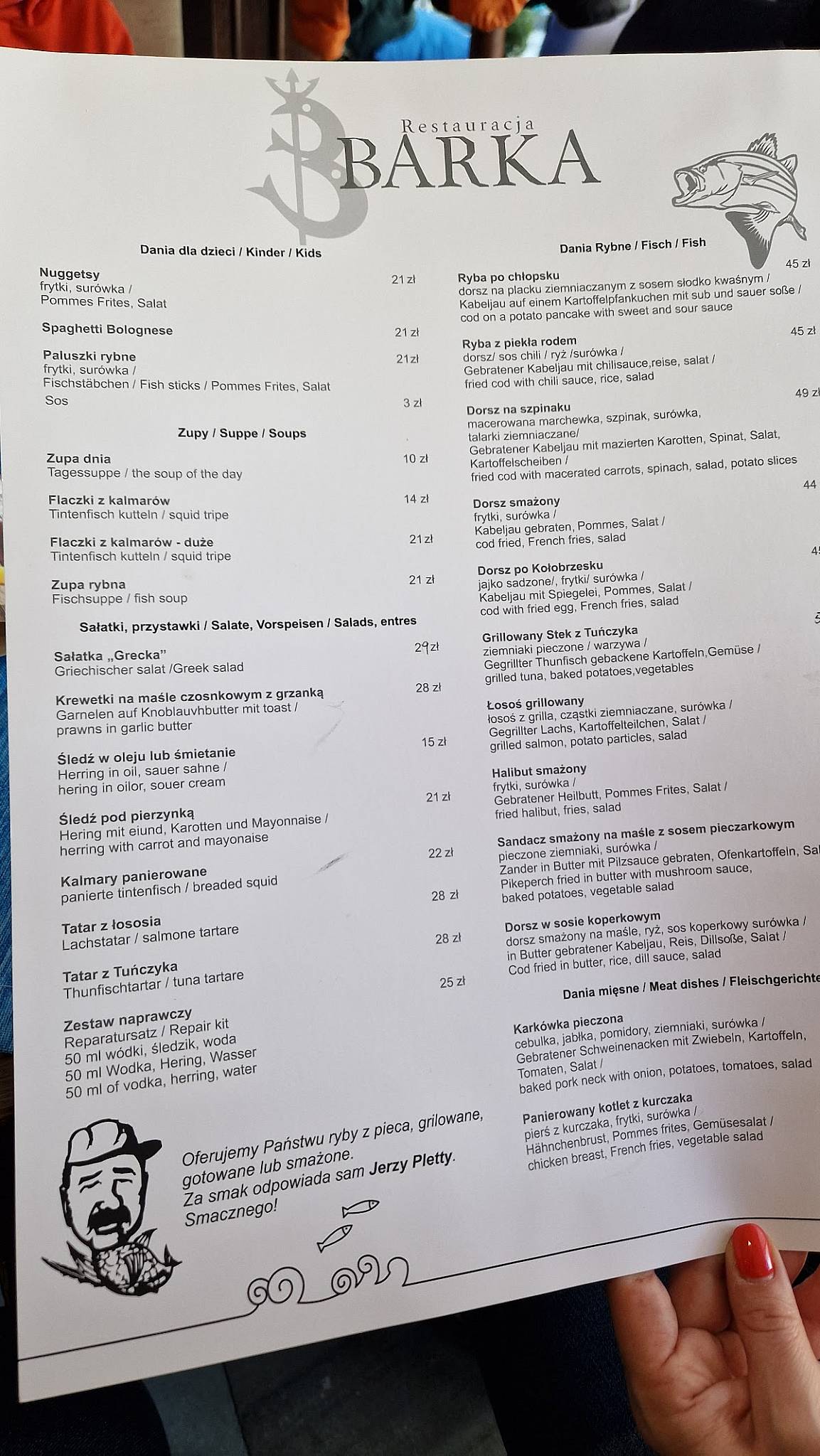 Menu at Restauracja Barka, Kolobrzeg