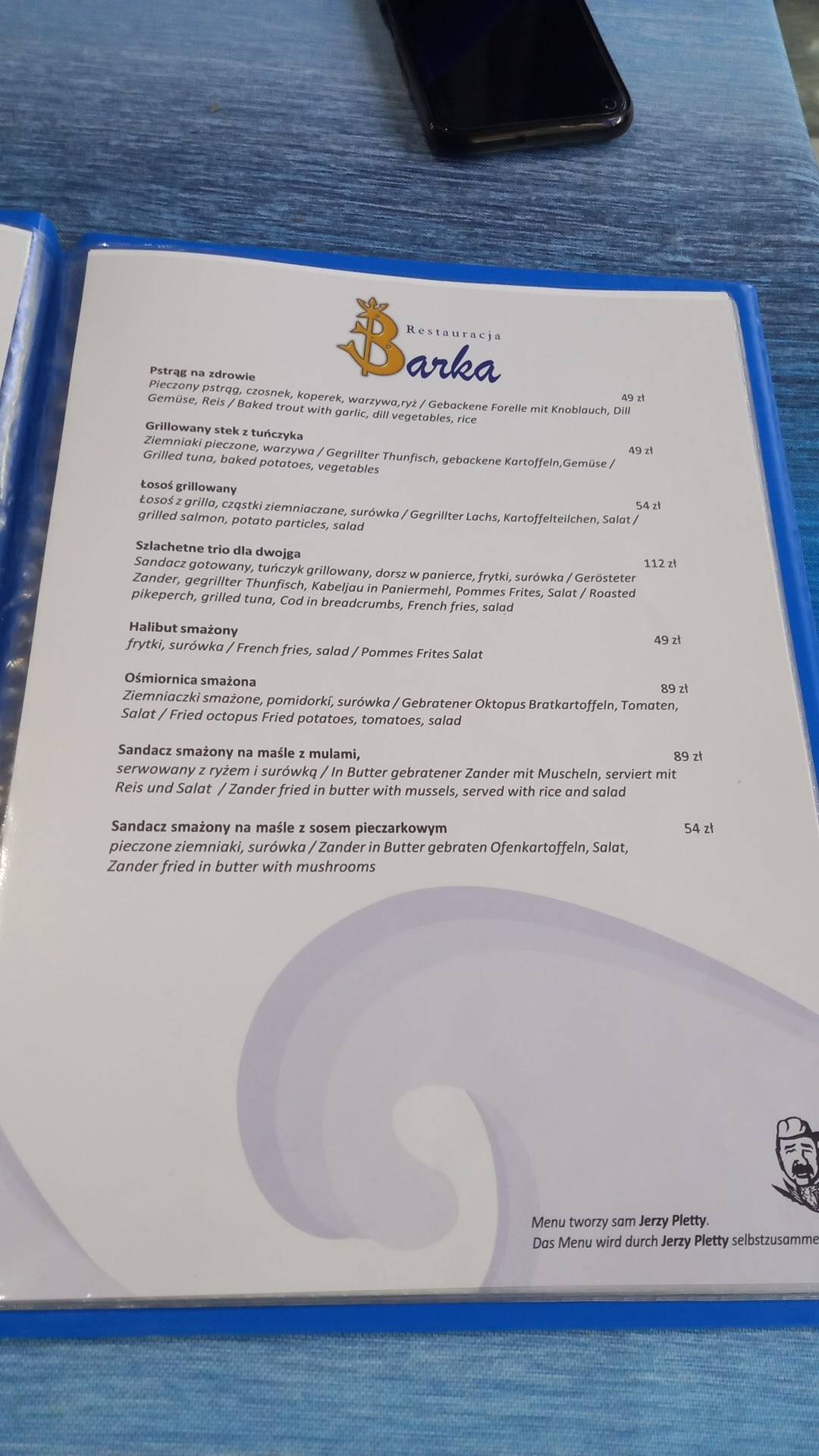 Menu at Restauracja Barka, Kolobrzeg