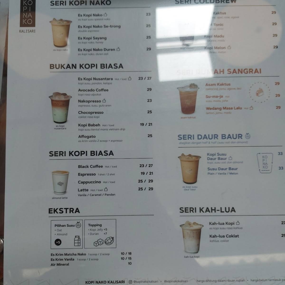 Menu at Kopi Nako Kalisari, East Jakarta
