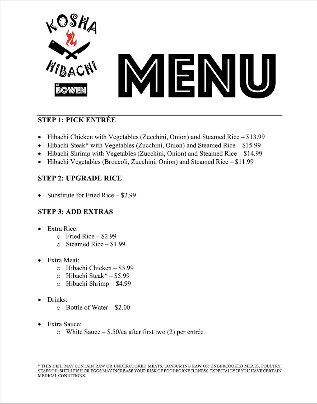 Menu at Kosha Hibachi restaurant, Lakesite