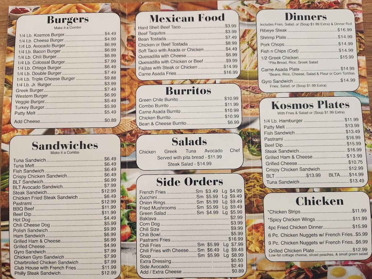 Menu at Kosmos Burgers restaurant, San Dimas