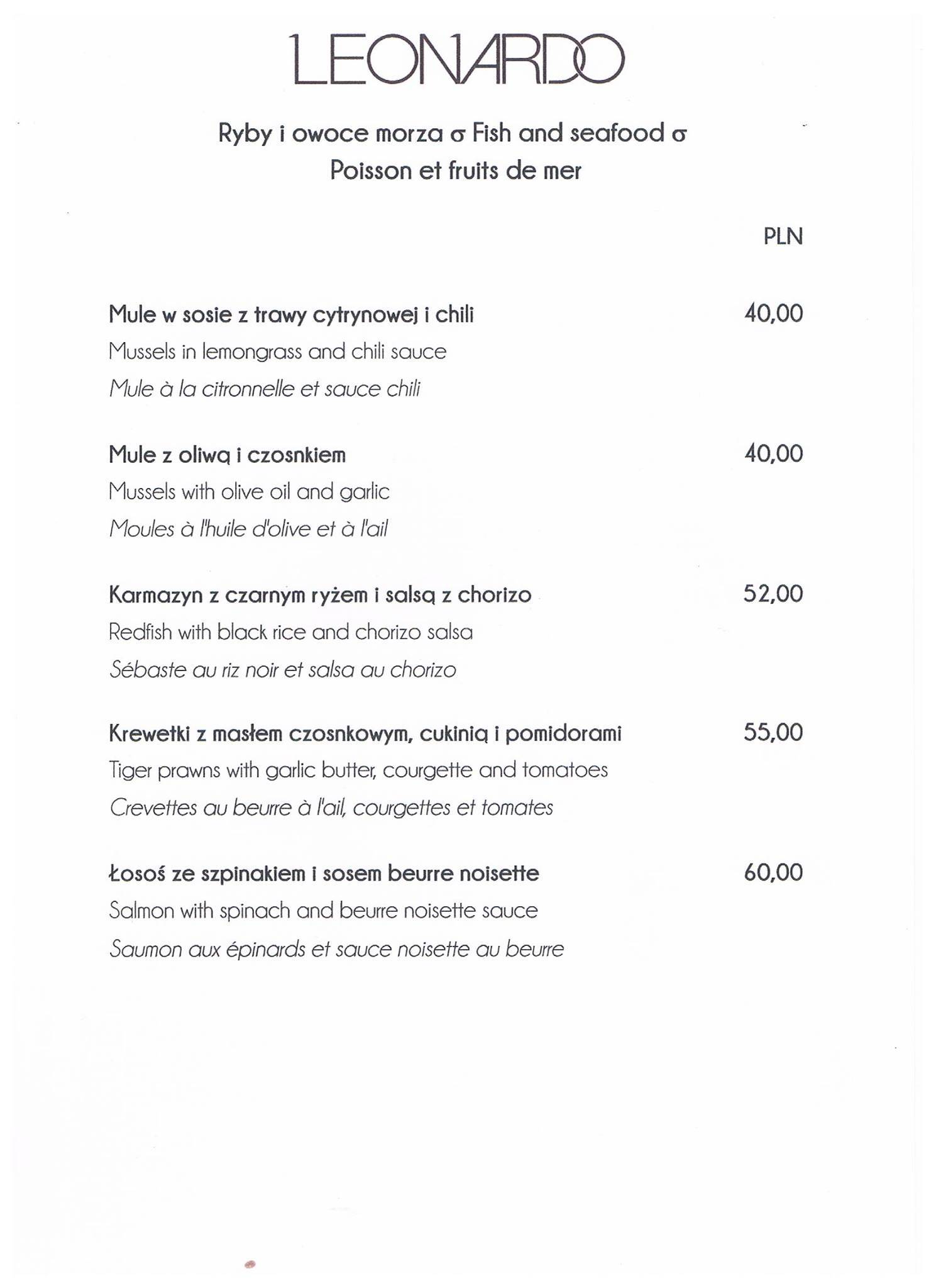 Menu at Leonardo Restaurant, Kraków