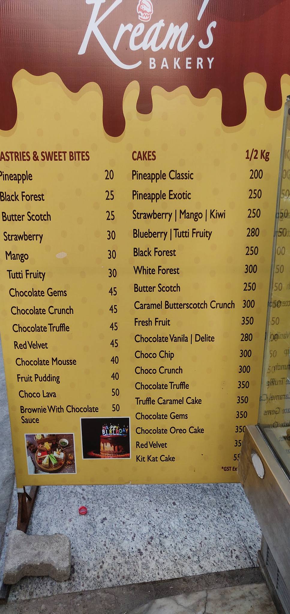 Menu at Kream's Bakery, Delhi
