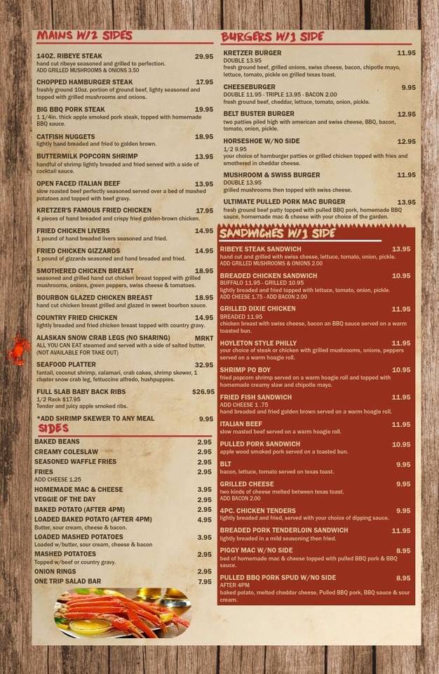 Menu at Kretzer's Grill and Bar, Hoyleton