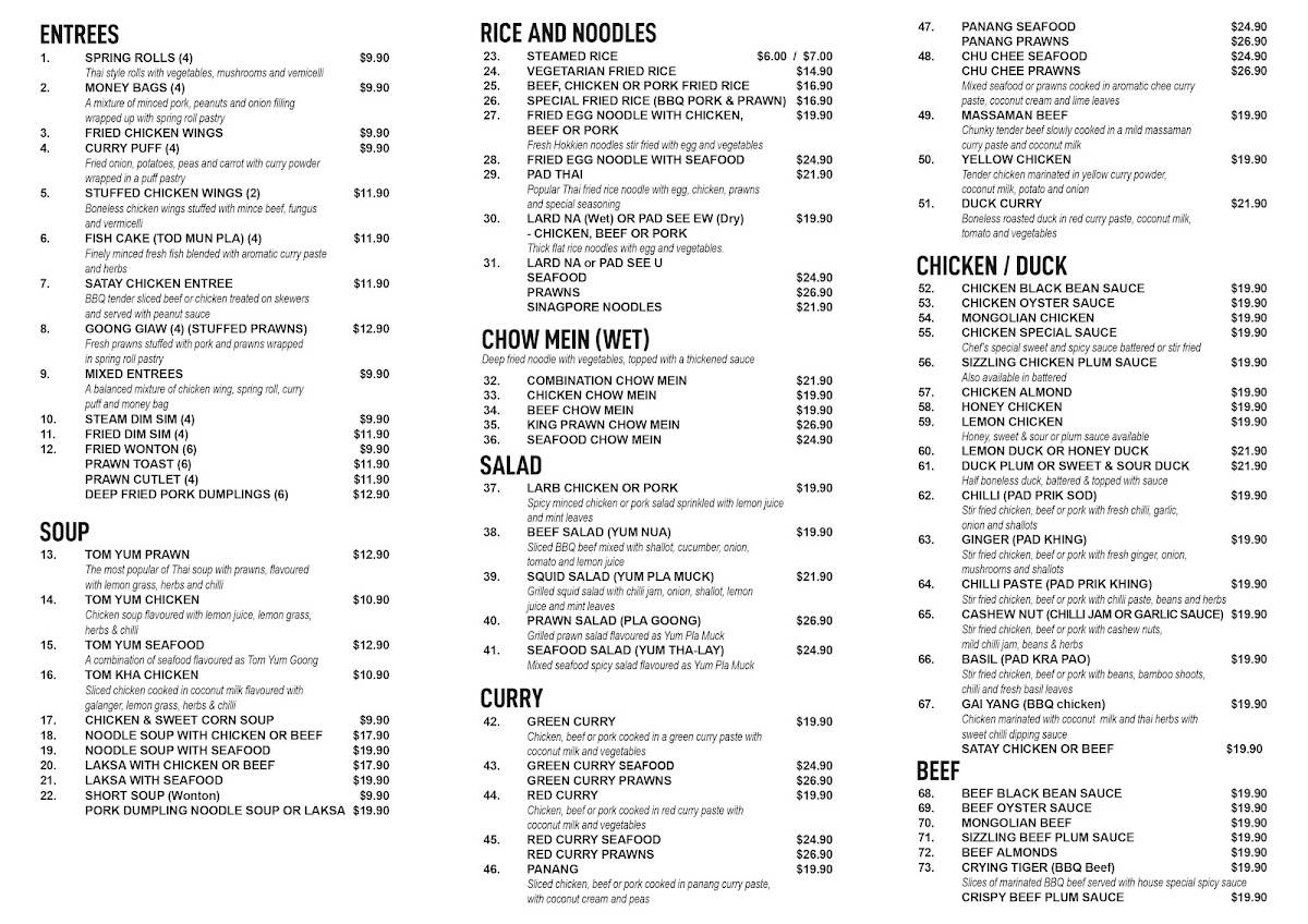 Menu at Ktong restaurant, Palmerston City