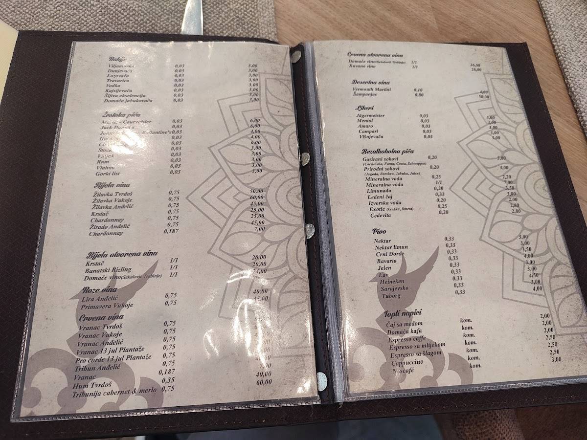 Menu at Kula restaurant, Lukavica