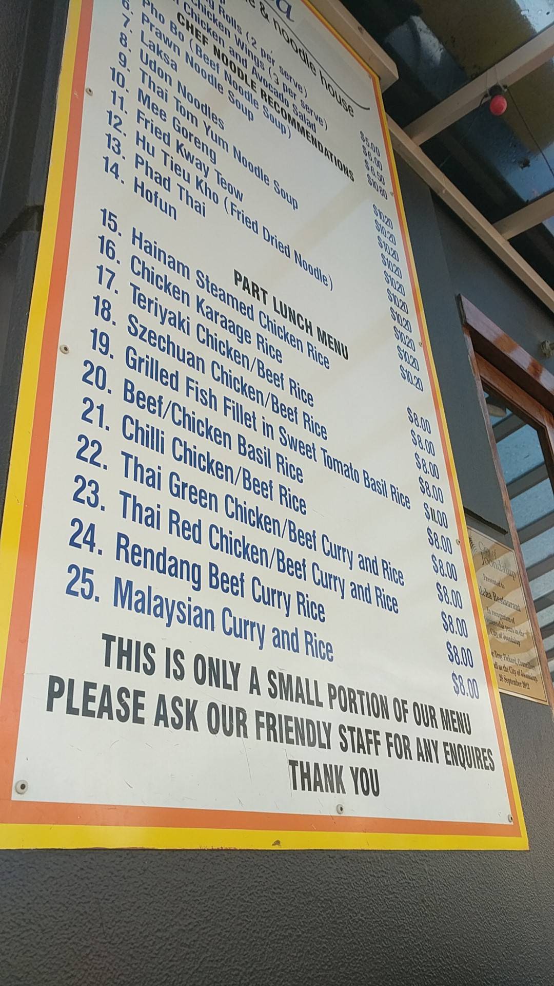 Menu at Kulcha restaurant, Joondalup