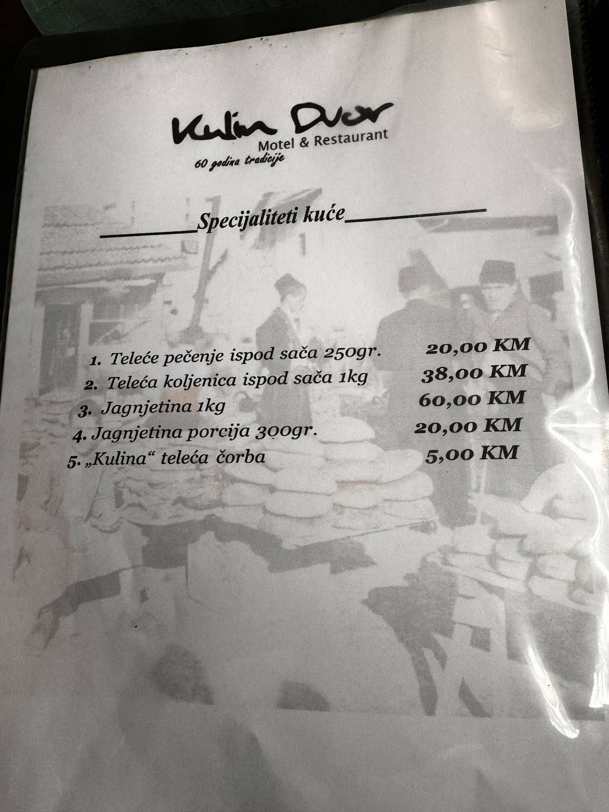 Menu at Kulin dvor restaurant, Semizovac