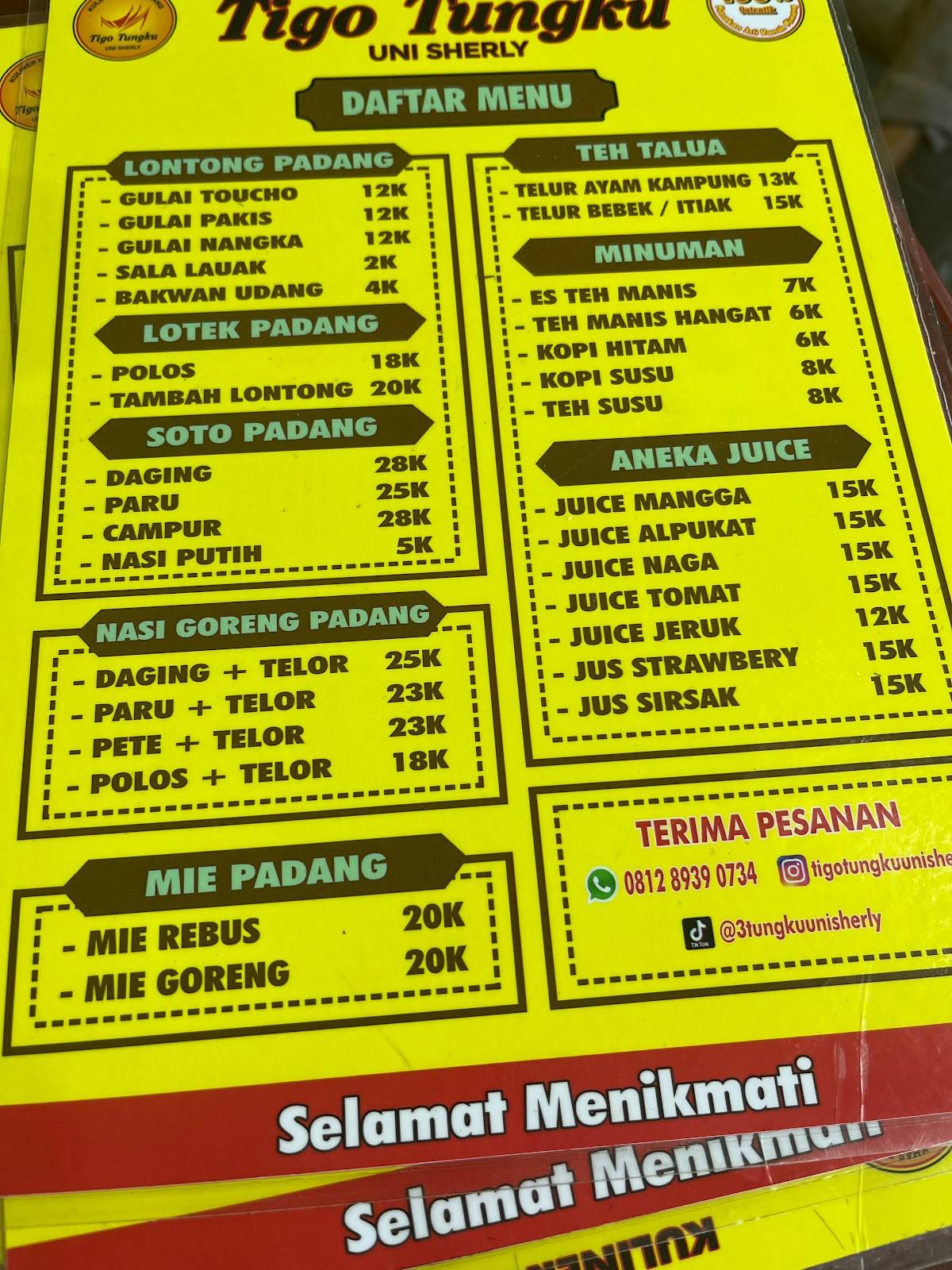 Carta del restaurante Kuliner Khas Padang Tigo Tungku Uni Sherly, Bogor