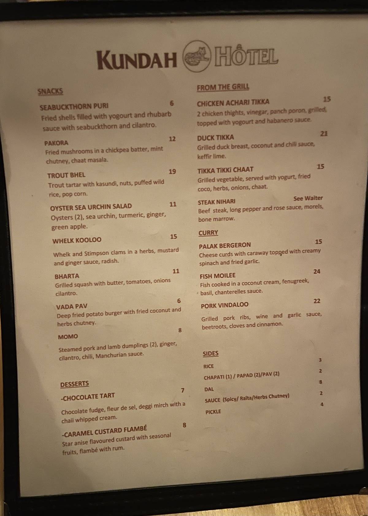 Menu au Kundah Hôtel restaurant, Québec