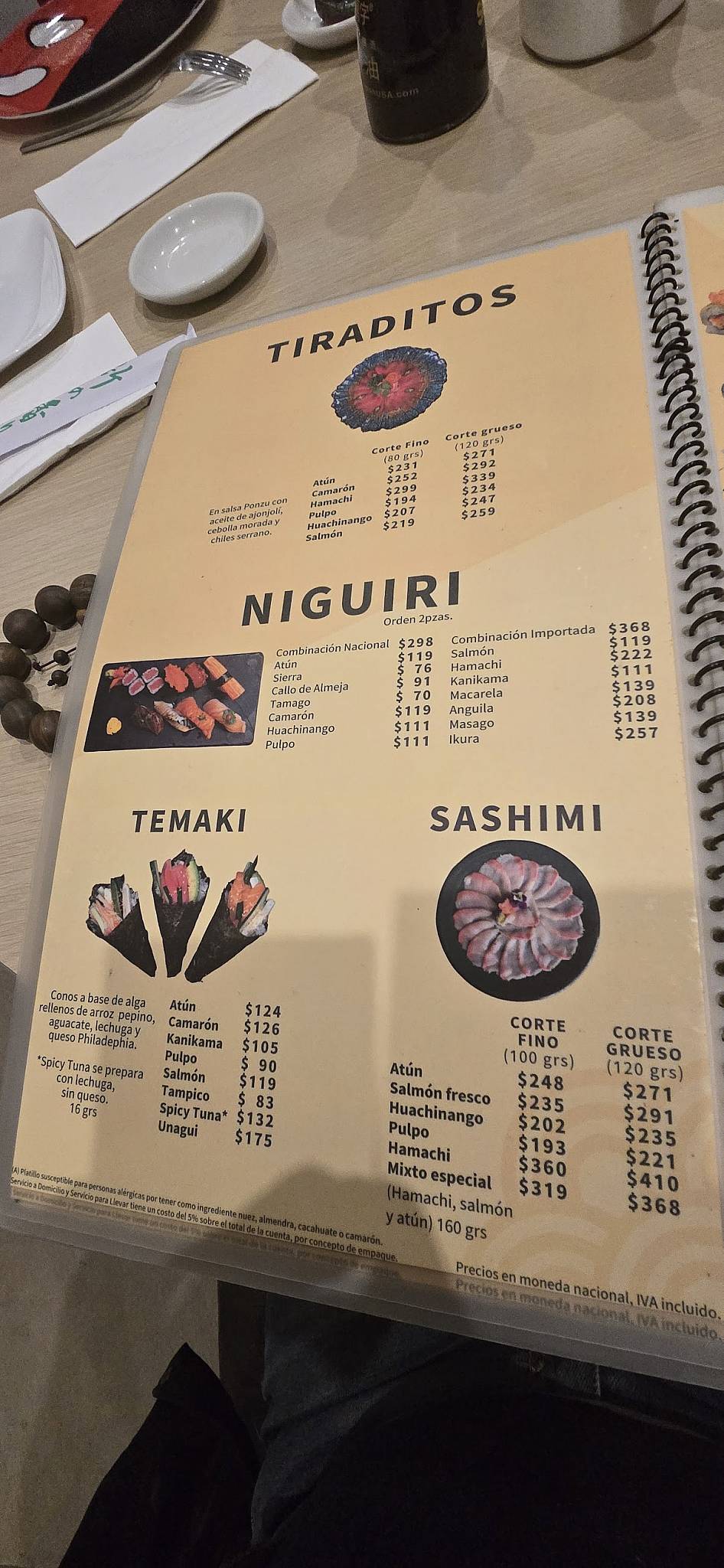 Carta del restaurante Kunio, Ciudad del México, Av. Revolución 1623