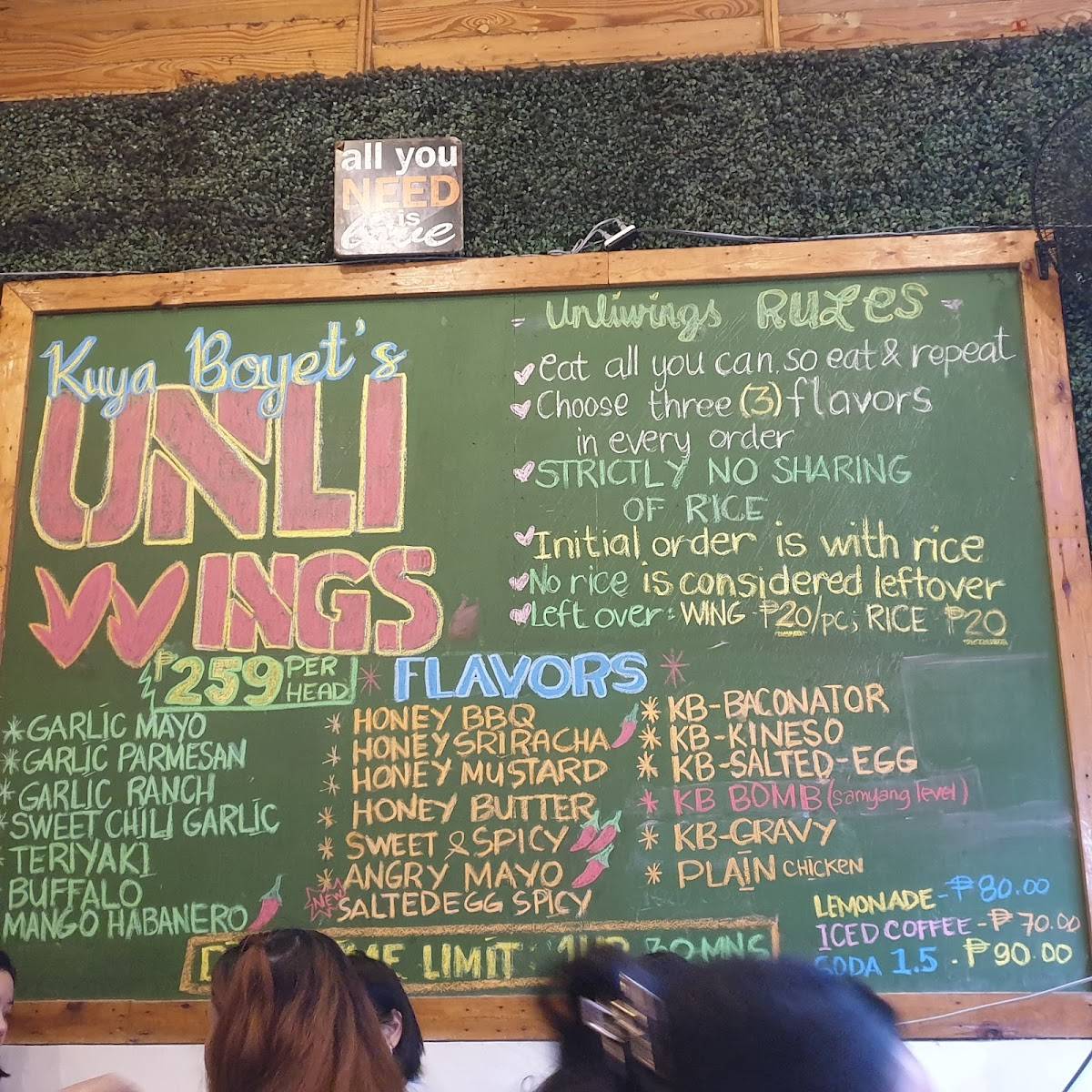 Menu at Kuya Boyet's Unliwings restaurant, Pasay