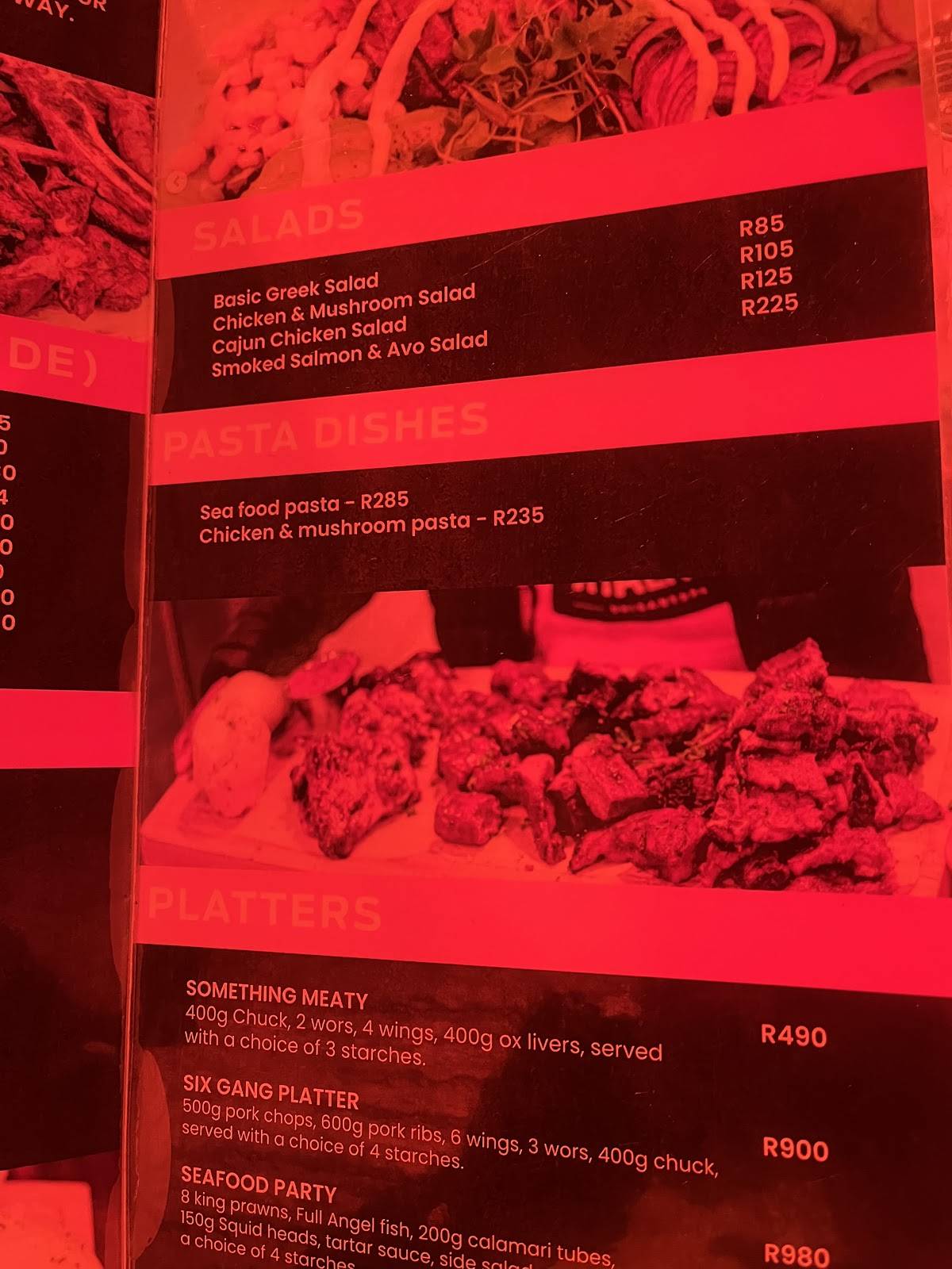 Menu at Kyalami Shisanyama restaurant, Randburg