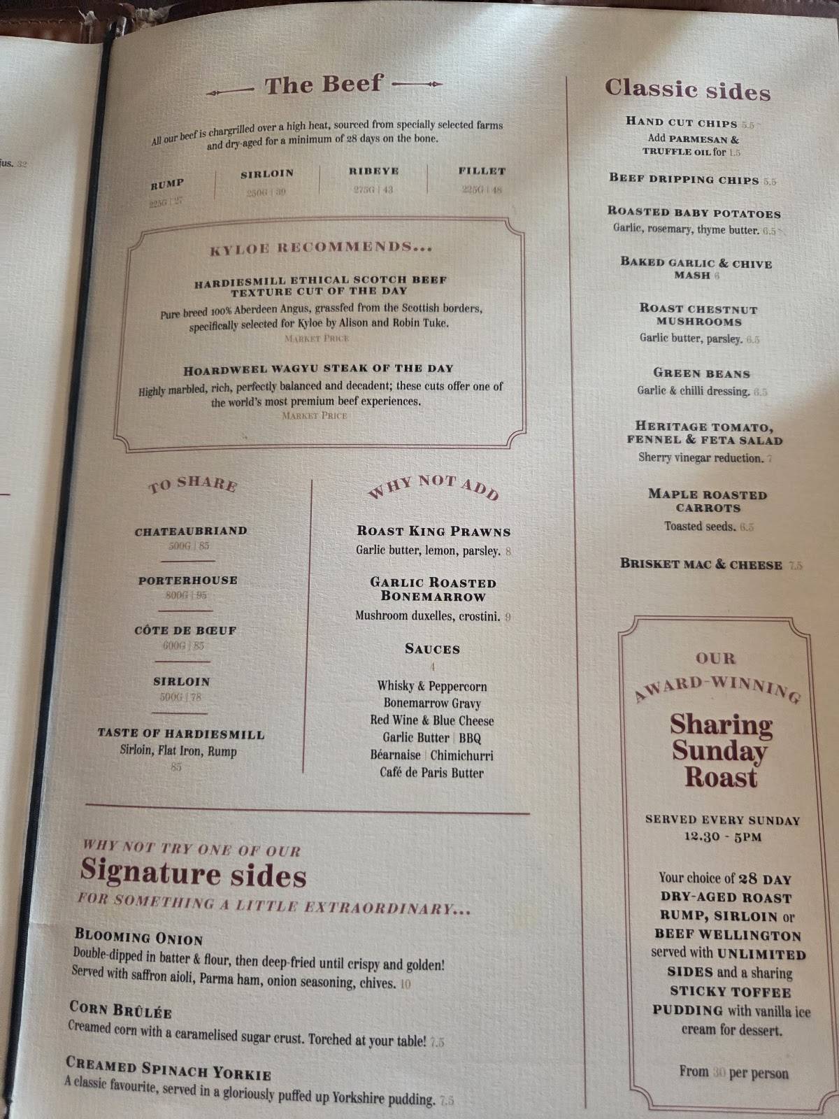 Menu at Kyloe steakhouse, Edinburgh