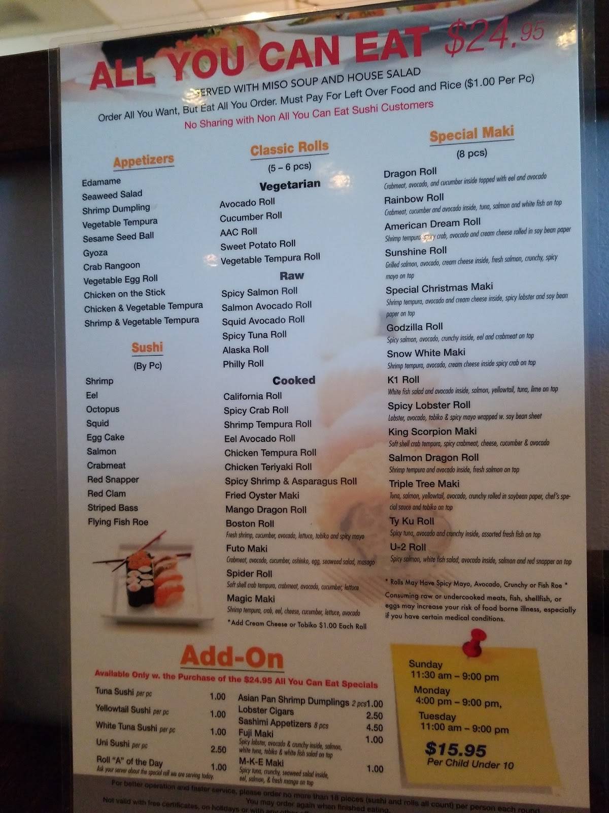 Menu at Kyoto restaurant, Greenfield