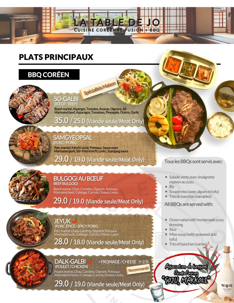 Menu au LA TABLE DE JO Restaurant, Montréal