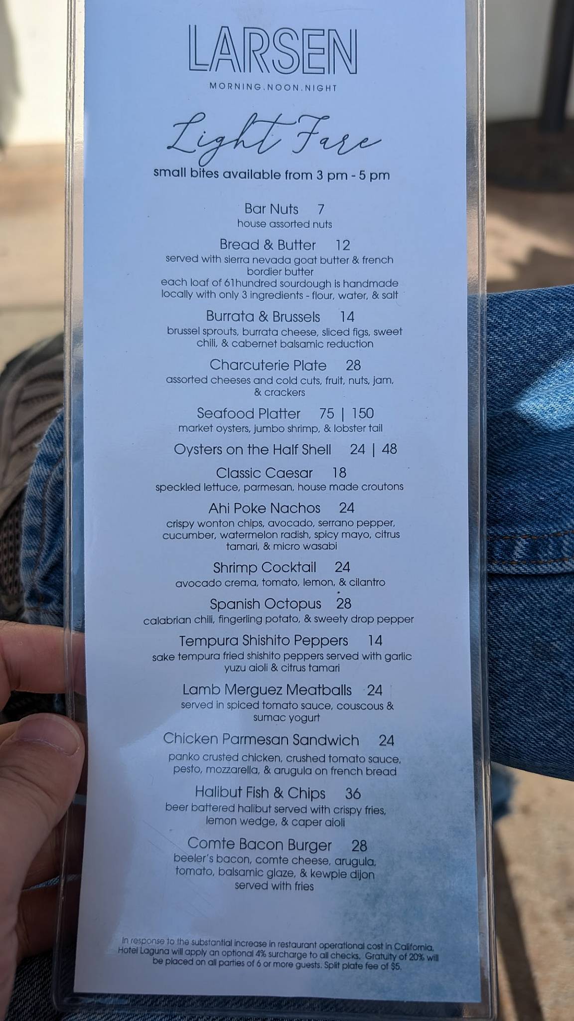 Menu at LARSEN pub & bar, Laguna Beach