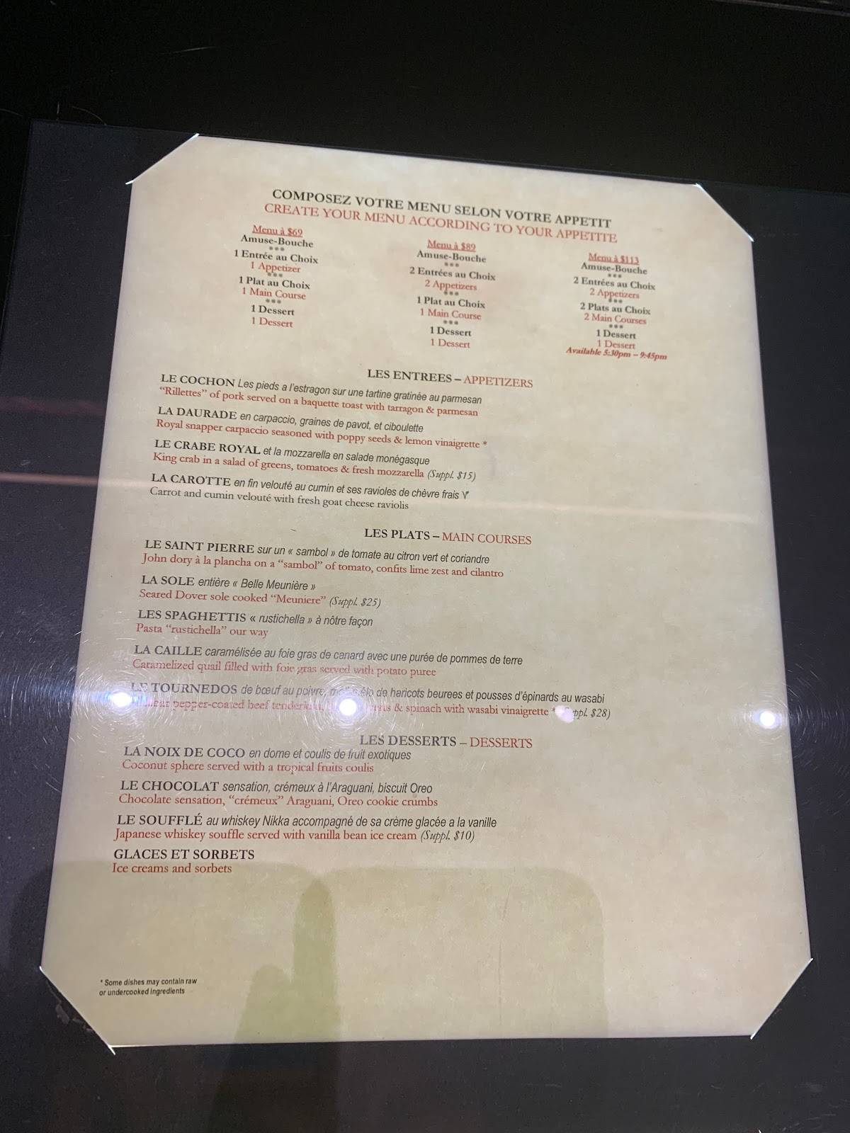 Menu at L'Atelier restaurant, Las Vegas