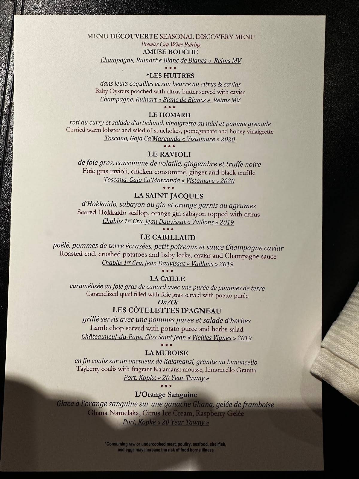 Menu at L'Atelier restaurant, Las Vegas