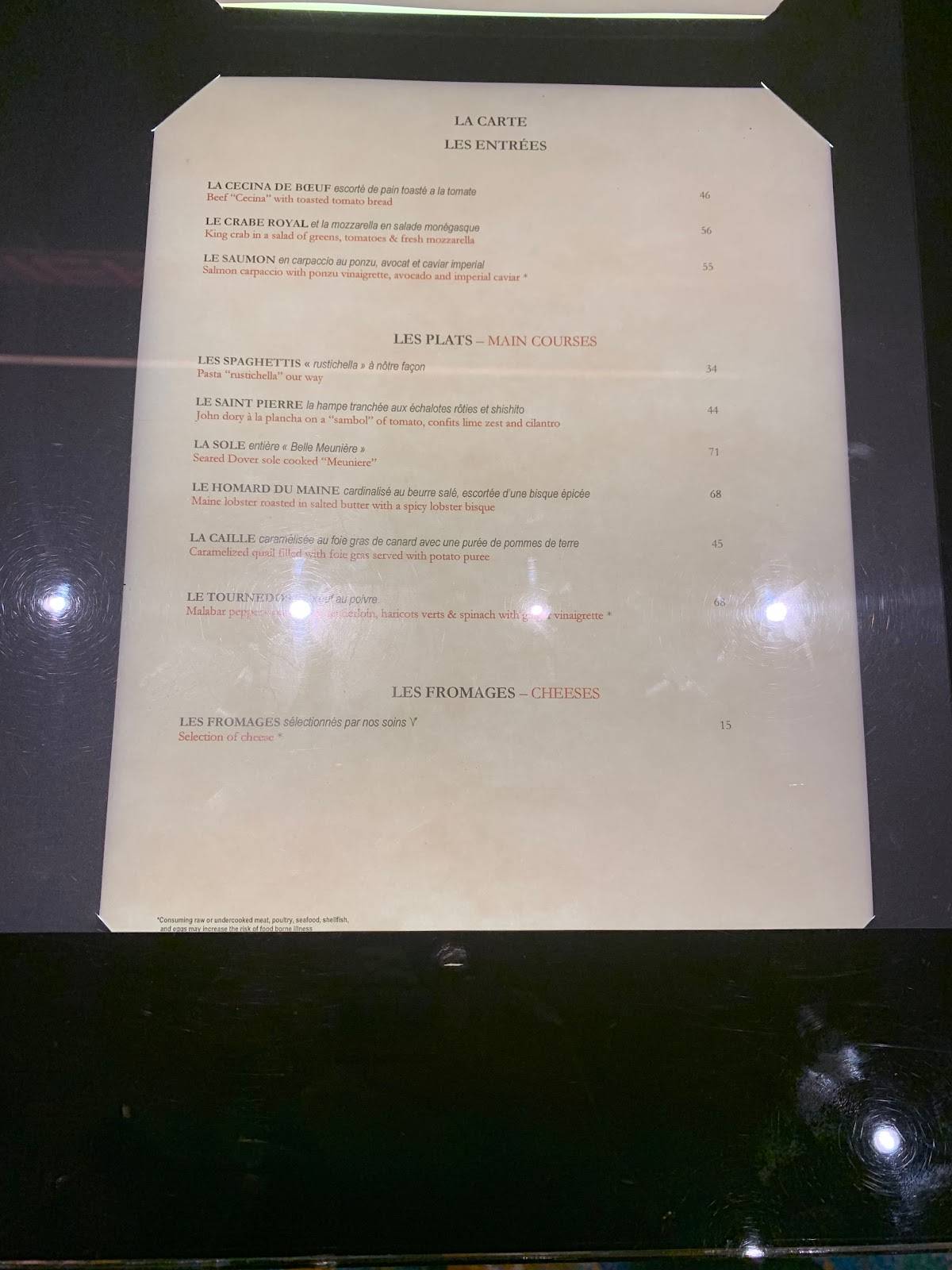 Menu at L'Atelier restaurant, Las Vegas