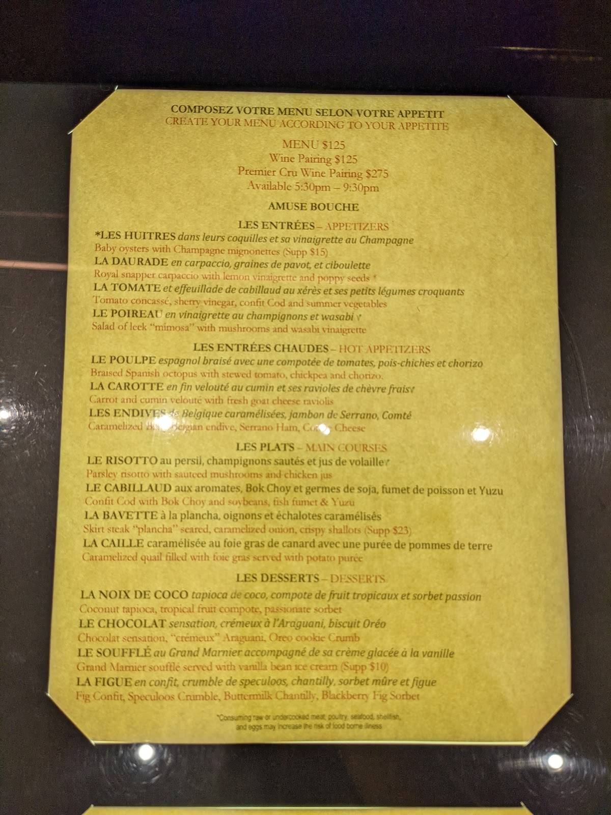 Menu at L'Atelier restaurant, Las Vegas