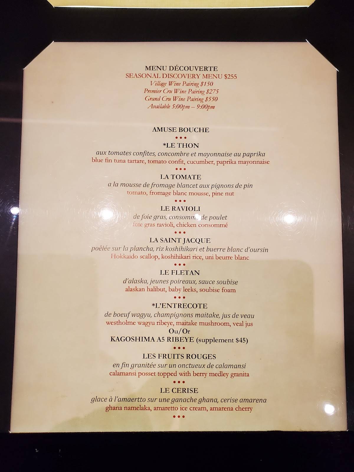 Menu at L'Atelier restaurant, Las Vegas