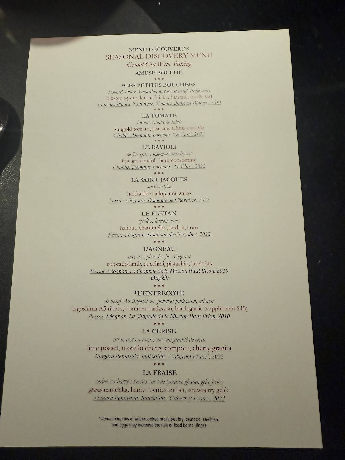 Menu at L'Atelier restaurant, Las Vegas