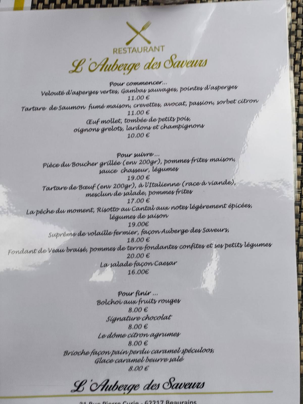 Menu au L'Auberge des Saveurs restaurant, Beaurains, 31 Rue Pierre Curie