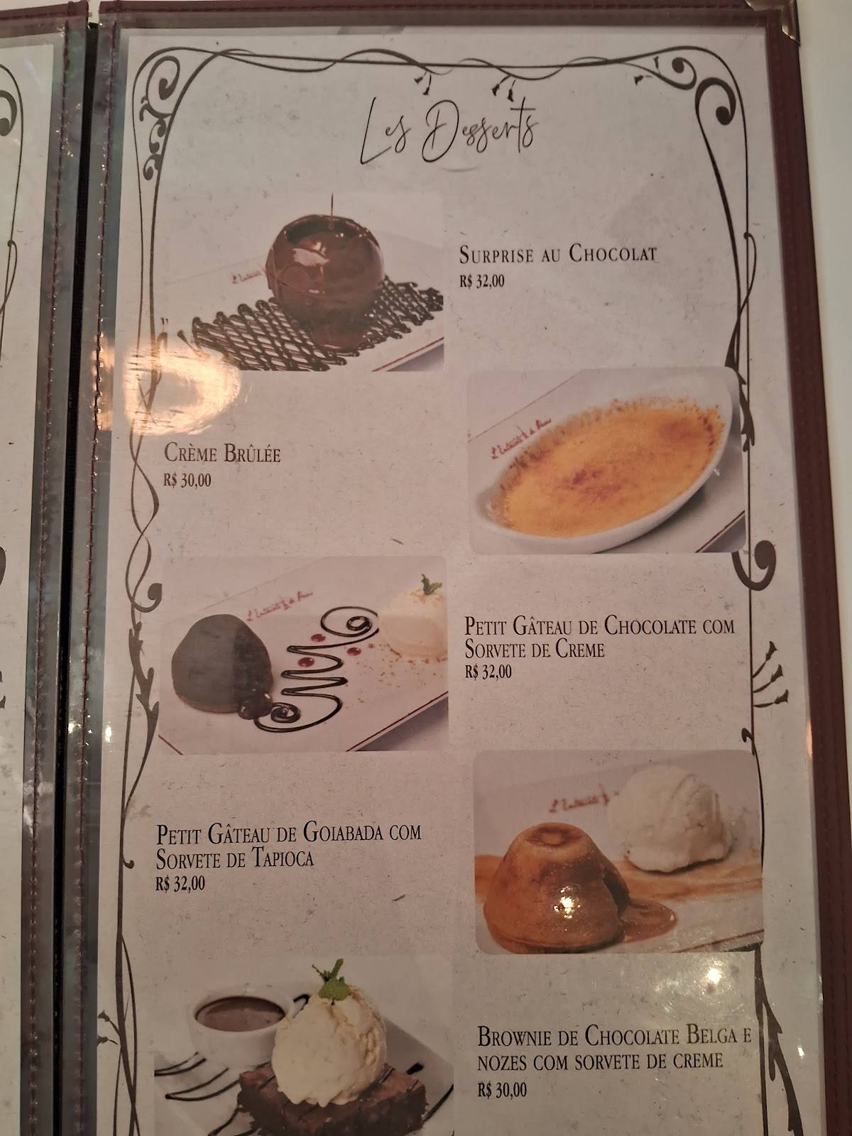 Menu em L'Entrecôte de Paris restaurante, Brasília