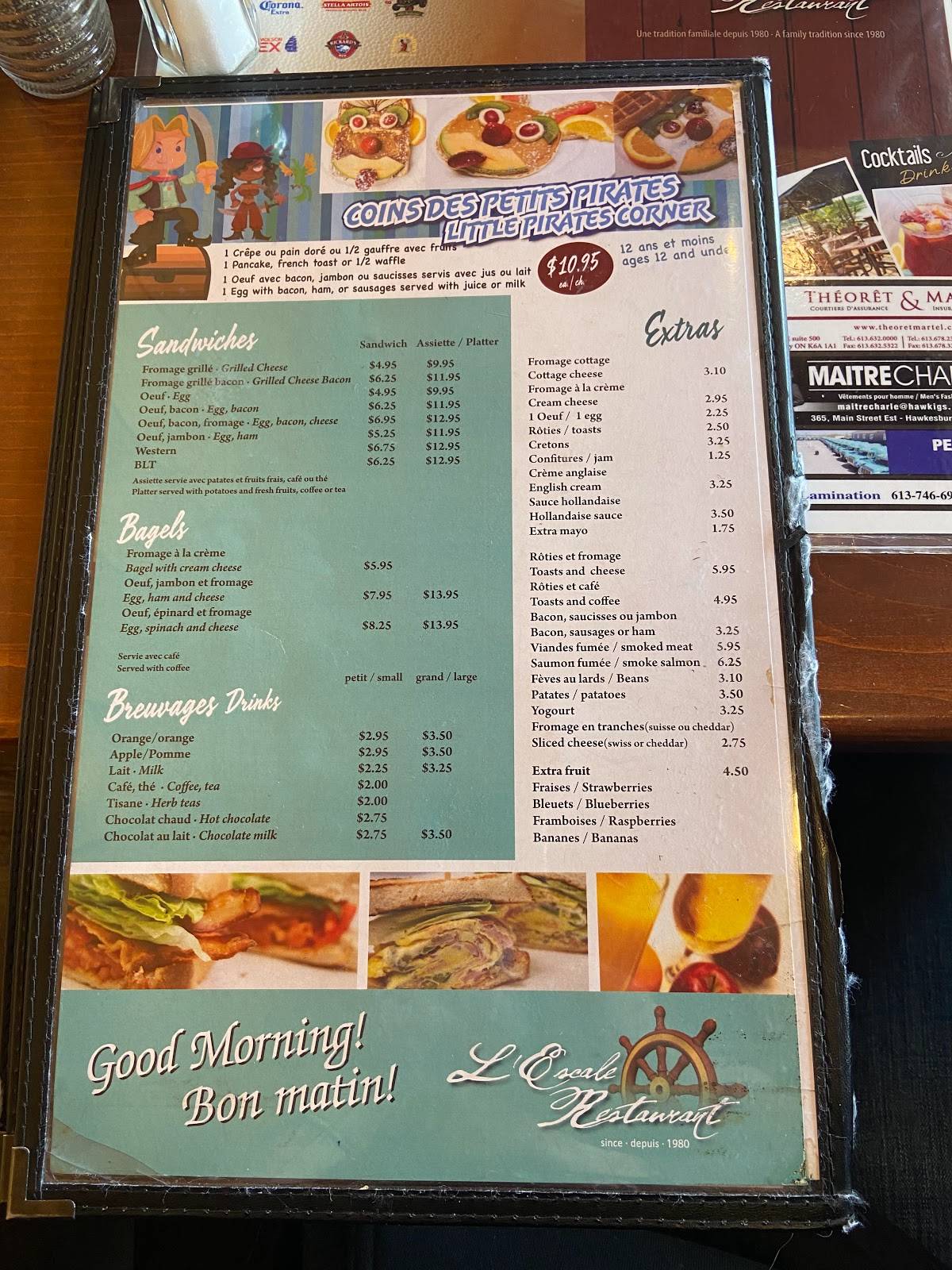 Menu at L'Escale Restaurant, Hawkesbury