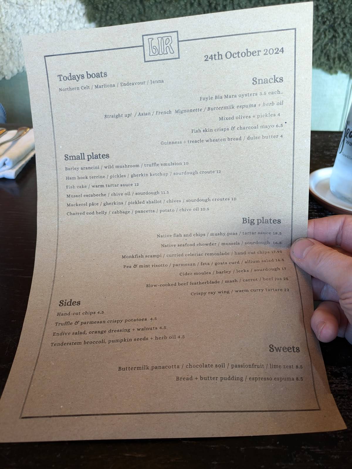 Menu at LIR restaurant, Coleraine