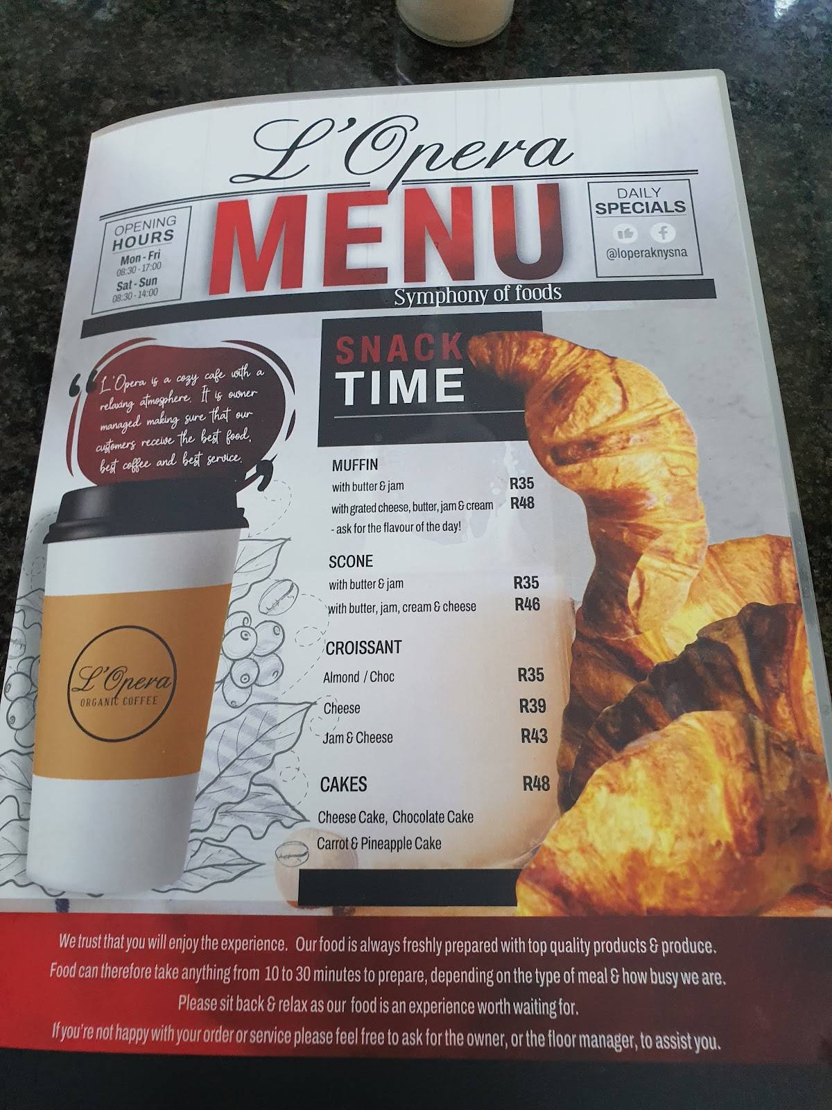 Menu at L'Opera cafe, Knysna, Shop 7