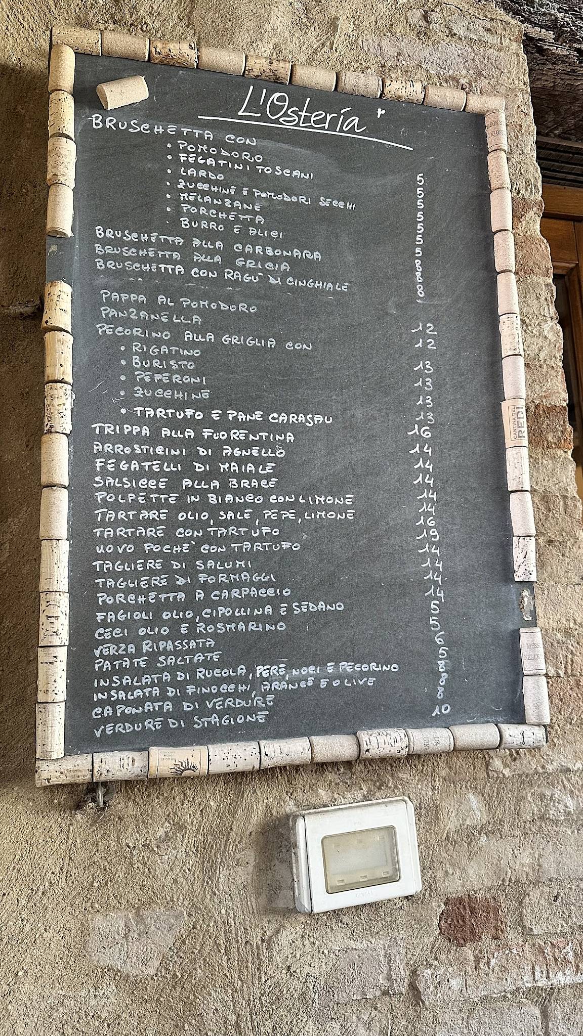 Menu at L'Osteria restaurant, San Quirico d'Orcia