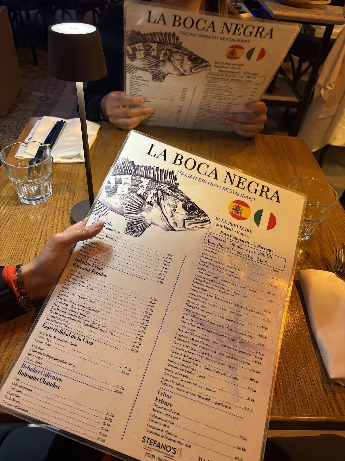 Menu au La Boca Negra restaurant, Tanger