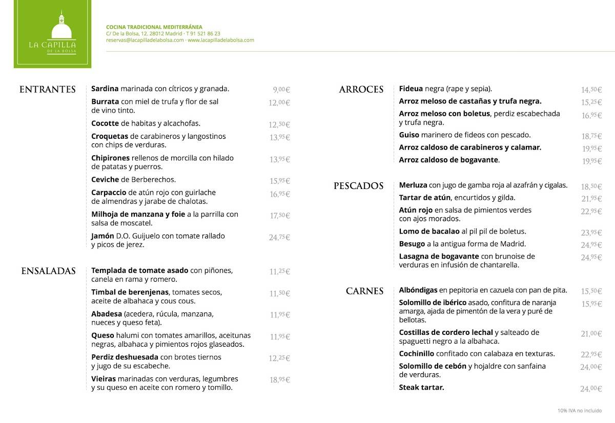 Carta del restaurante La Capilla De La Bolsa, Madrid