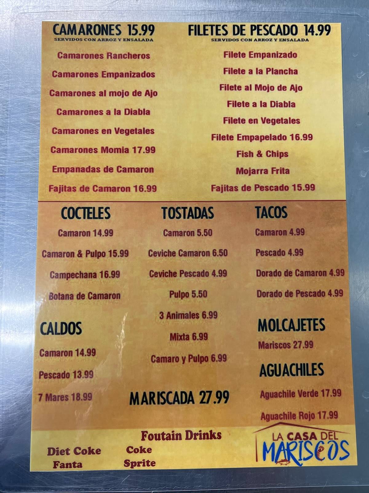 Menu at La Casa De Mariscos restaurant, Salinas