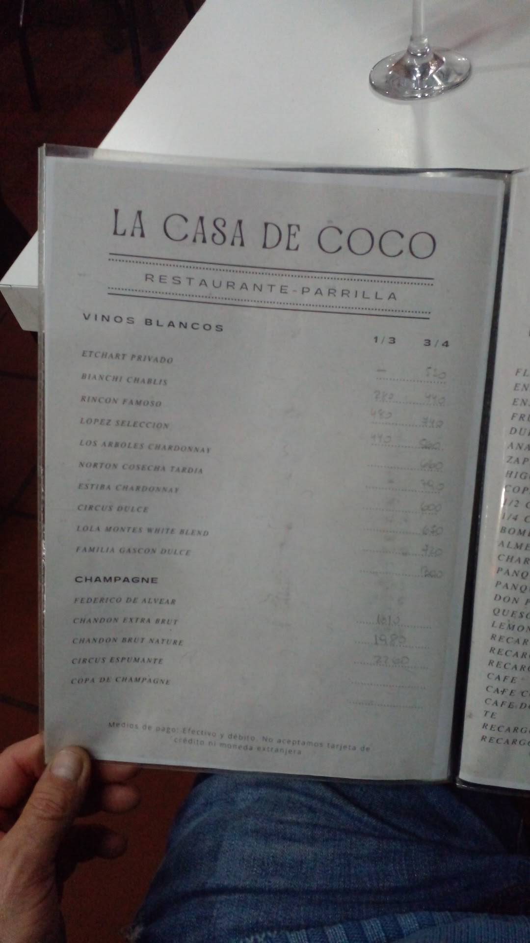 Carta de La Casa de Coco Restaurante Parrilla, Ituzaingó