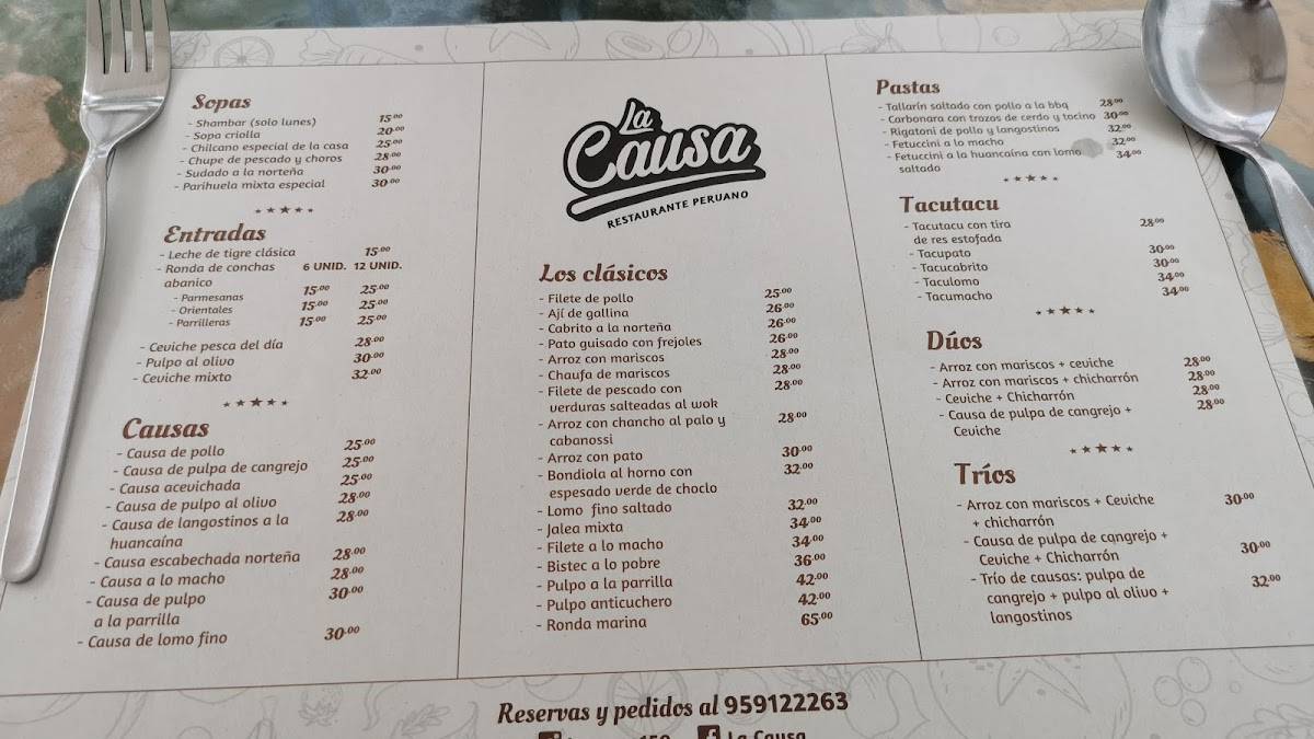 Carta de La Causa Restaurante, Trujillo