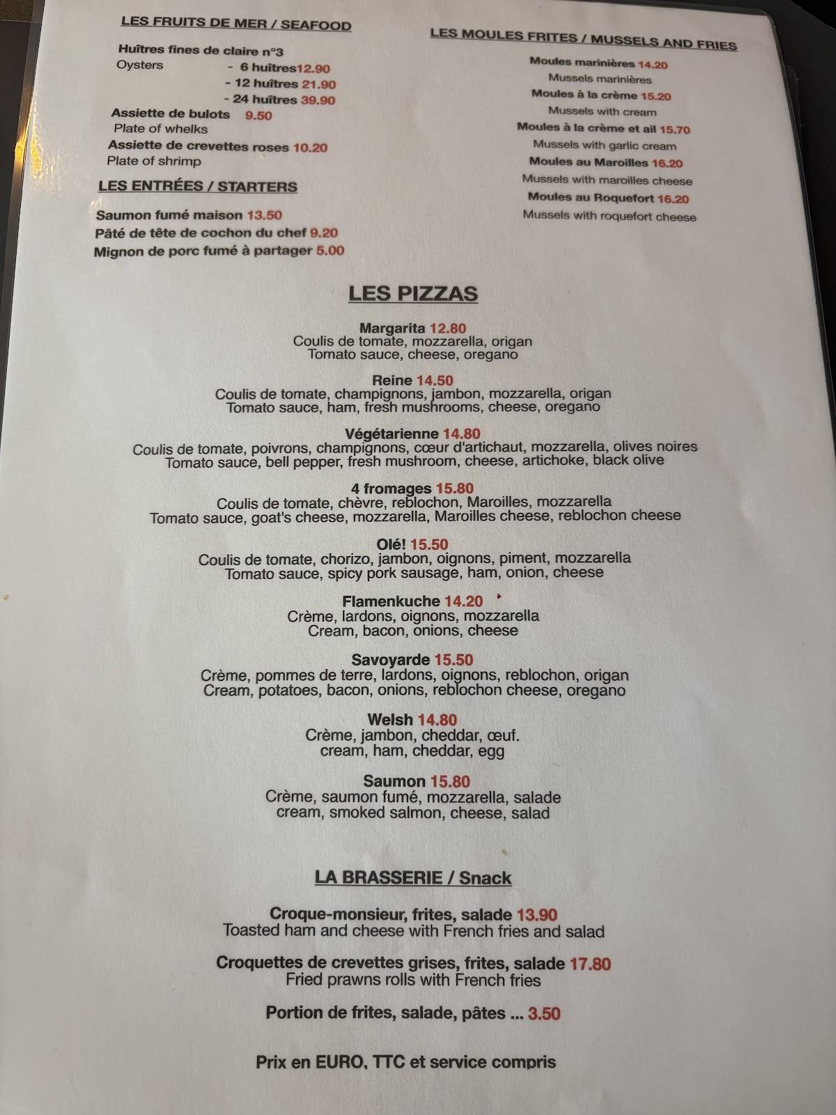 Menu au Restaurant La Cave du Fort Ambleteuse, Ambleteuse