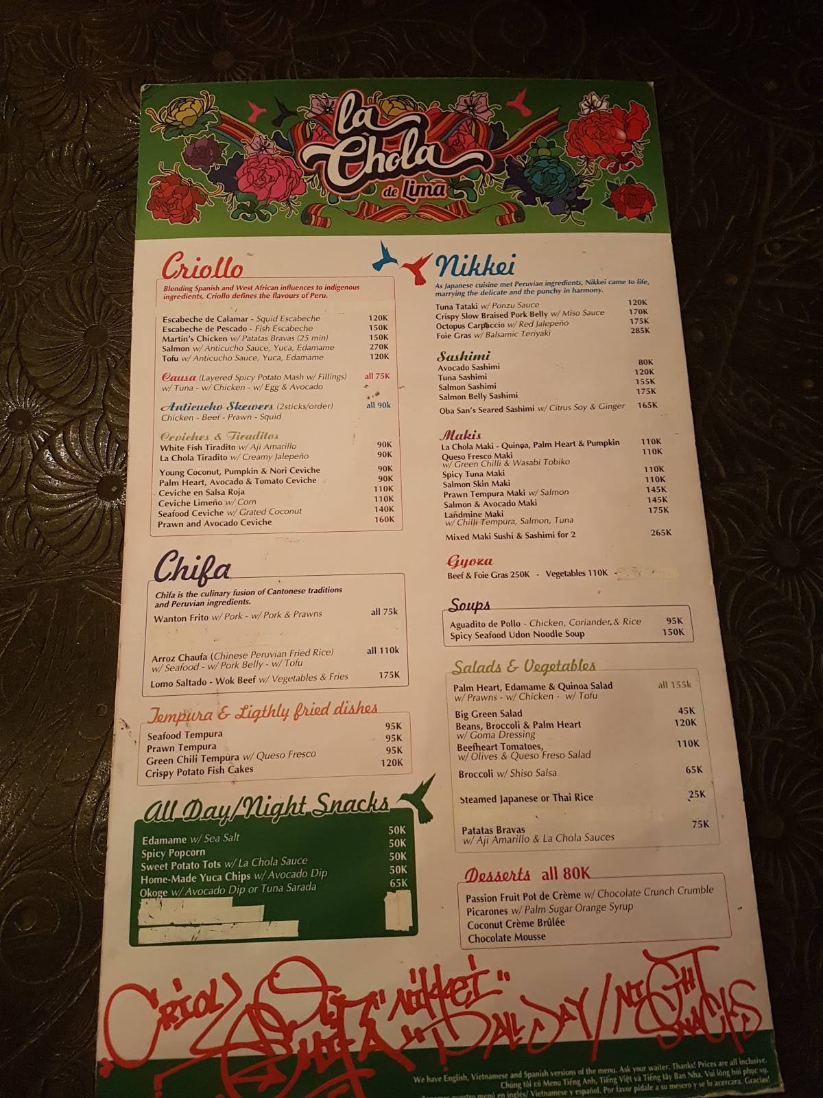 Menu at La Chola de Lima restaurant, Ho Chi Minh City